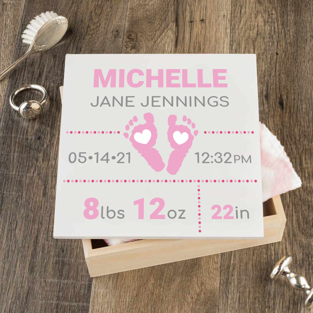 Personalized Baby Keepsake Box - Pink with Footprints - Regular Size ...
